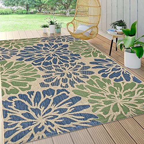JONATHAN Y SMB110B-4 Zinnia Modern Floral Textured Weave Indoor Outdoor Area-Rug Bohemian Coastal Easy-Cleaning Bedroom Kitchen Backyard Patio Non Shedding, 4 X 6, Navy/Green