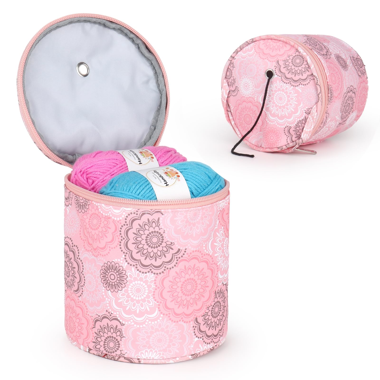 Katech Mini Yarn Storage Bags, Portable Yarn Bag for Crocheting with Holes Organizer Crochet Thread Sewing Accessories Storage Tote Bag for Carry Crochet Hooks Skein Yarn (Pink Floral)