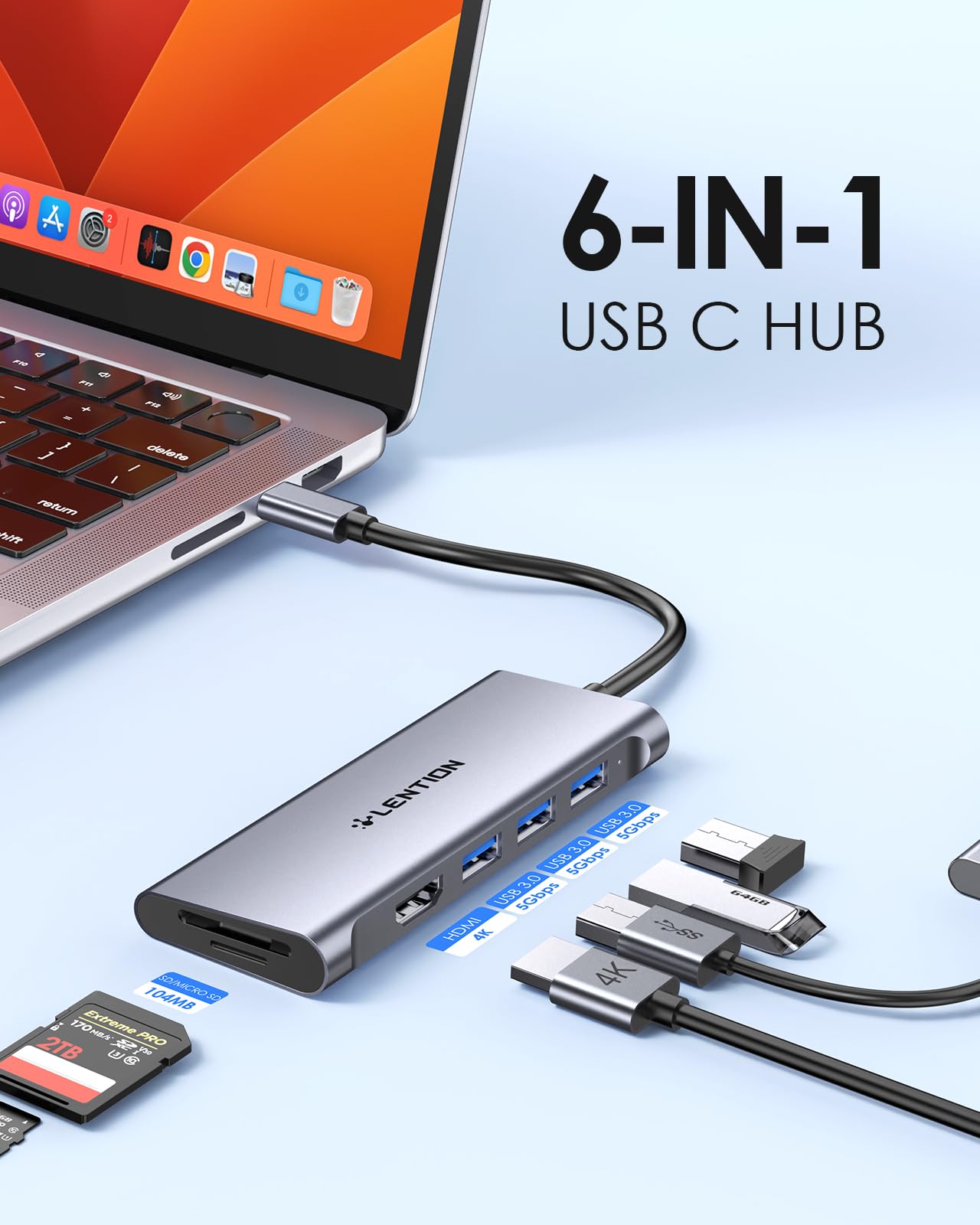 LENTION USB C Hub with 4K HDMI, 3 USB 3.0, SD/Micro SD 3.0 Card Reader, Compatible 2023-2016 MacBook Pro, New Mac Air/Surface, Chromebook, iPhone15 or More, Stable Driver Adapter (C34, Space Gray)