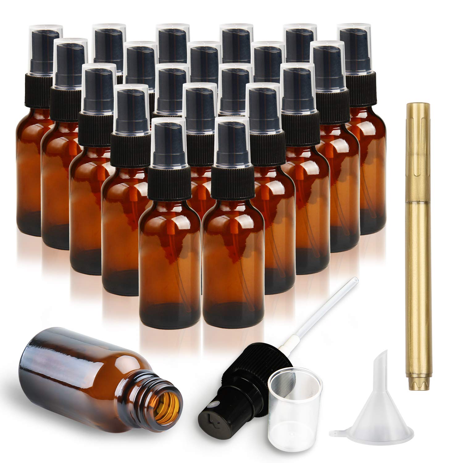 Ruckae Set of 20,1 oz Amber Glass Spray Bottles for Essential Oils, Hair, Water, Empty Small Fine Mist and Refillable Mister-With Funnel and Gold Pen,Black Fine Mist Sprayers