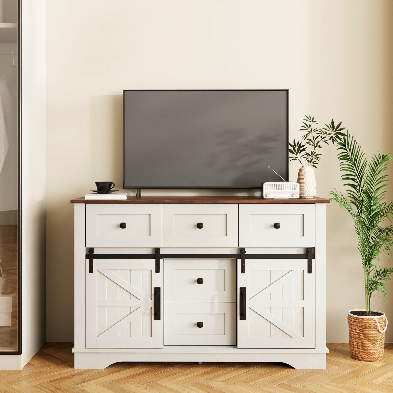 Vabches Farmhouse Sideboard Buffet Cabinet with Storage, Large Kitchen Sideboard Cabinet, Sliding Barn Doors and 5 Drawers, Adjustable Storage Shelves, Coffee Bar Table for Dining Room, White