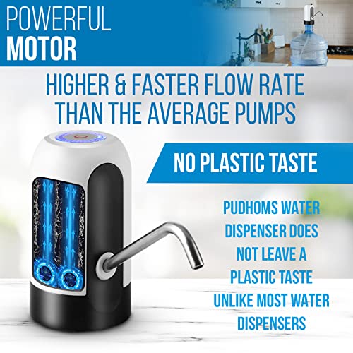 PUDHOMS 5 Gallon Water Dispenser - USB Charging Universal Fit Water Bottle Pump for Drinking Water Portable Automatic Electric Pump for Home Kitchen Office Camping Switch for 2-5 Gallon Jugs