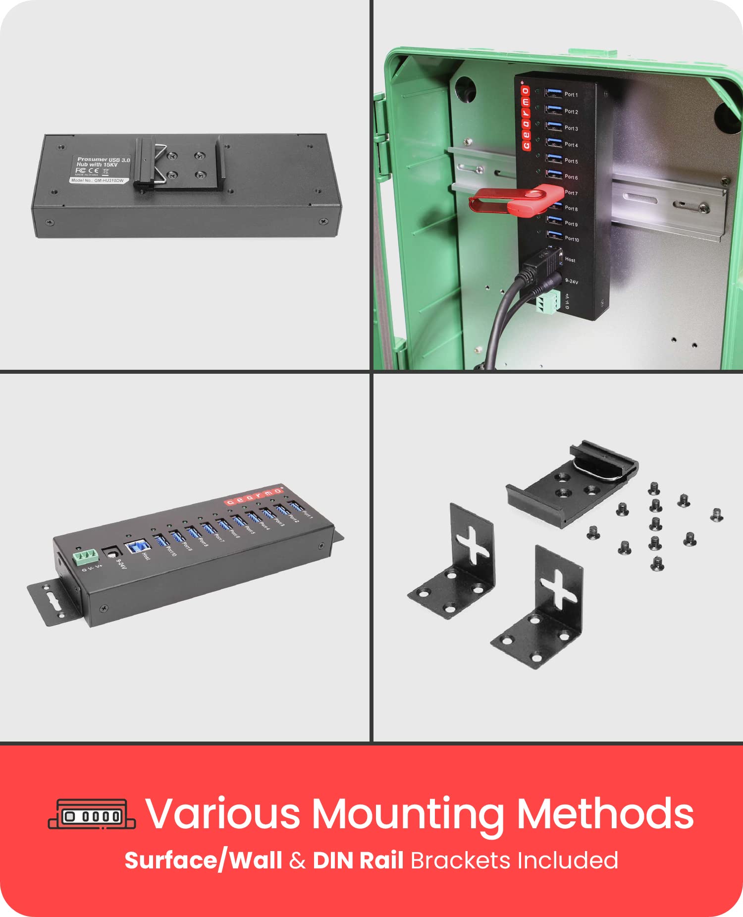 USB 3.2 Gen 1 10 Port Industrial Metal Hub w/15KV ESD Protection
