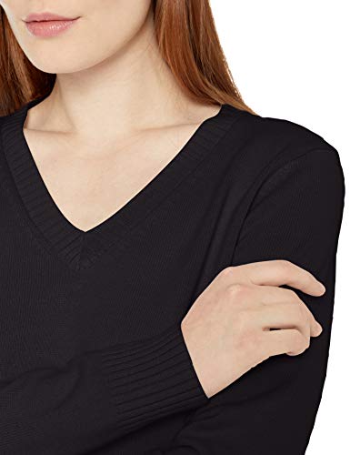 Amazon Essentials Women's 100% Cotton Long-Sleeve V-Neck Sweater, Black, Large