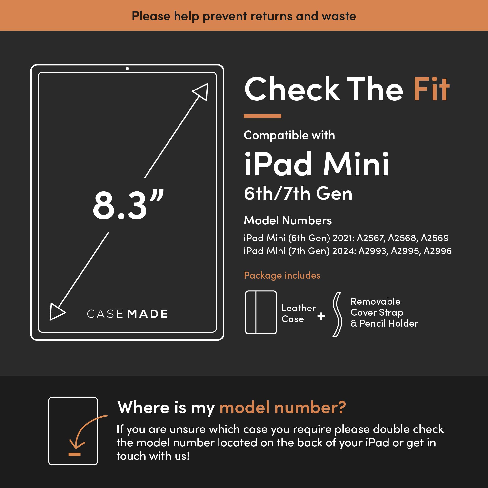 Casemade Real Leather Case Compatible with iPad Mini 7 (A17 Pro) / 6th Gen (2021) - Full-Grain Leather Cover, Auto Sleep/Wake, Dual Stand Position (Tan)