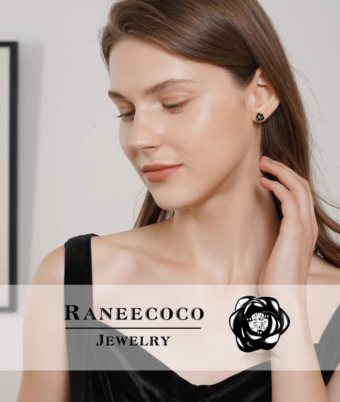 Black Gold Plated Sterling Silver Rose Flower Earring Studs, Hypoallergenic & Nickel Free Earrings for Women