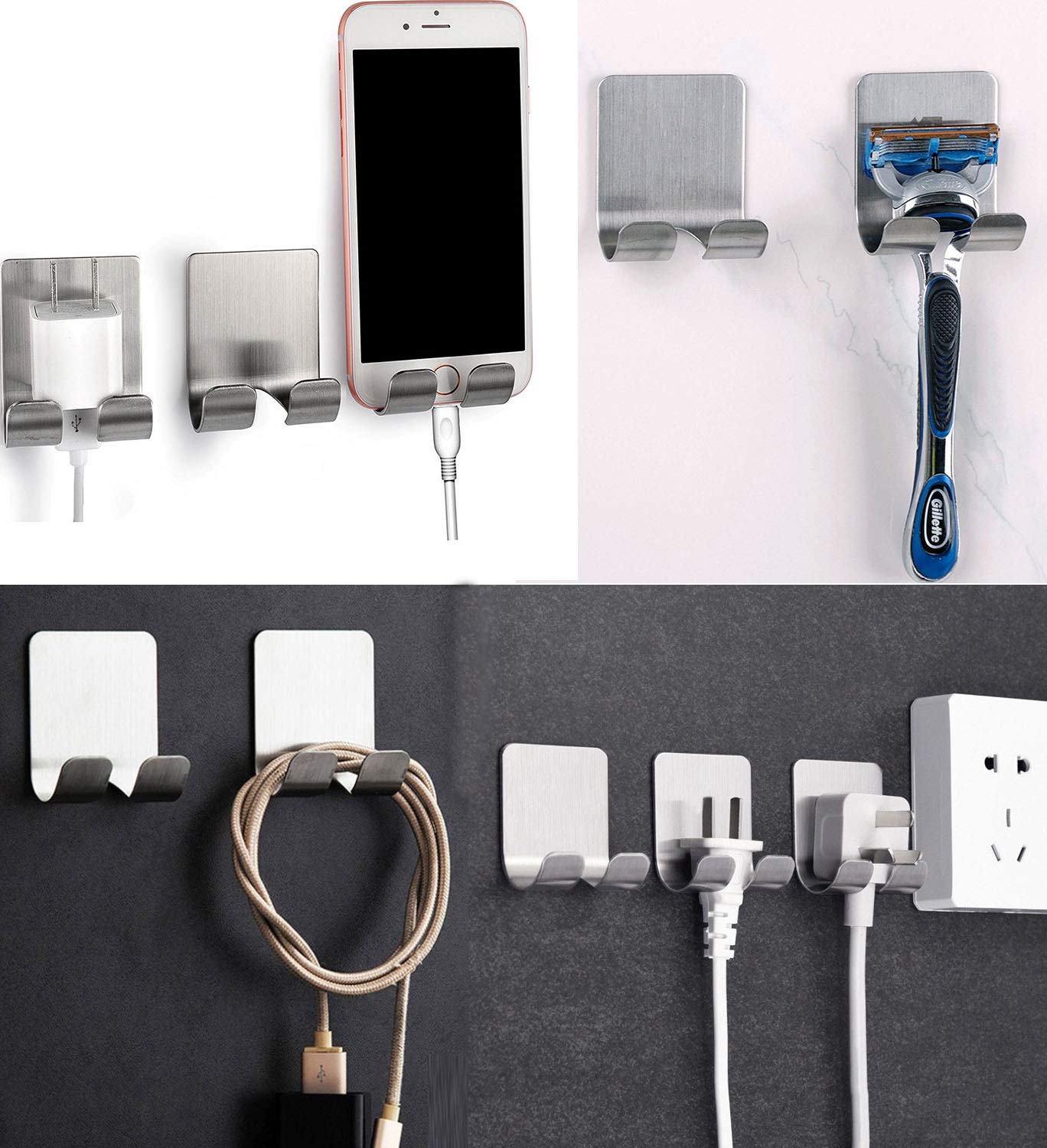 AKOAK Multi-Purpose Razor Holder,Pack of 4 Stainless Steel Self Adhesive Wall Sticky Hooks for Power Plugs Keys Kitchen Utensils Towel Robe