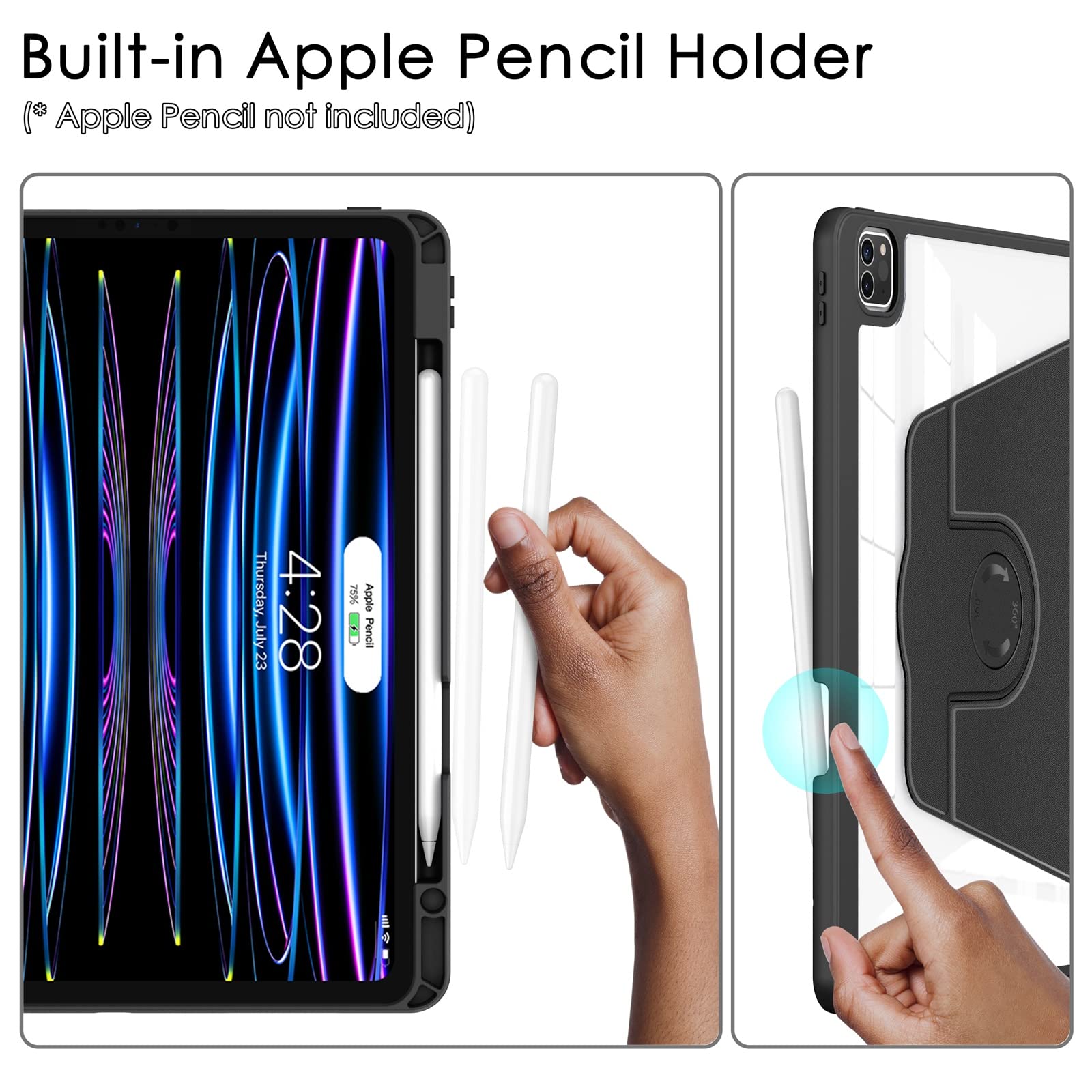 Soke Hybrid Rotating Case for iPad Pro 12.9 Inch (6th/5th/4th/3rd Generation, 2022/2021/2020/2018) - 360 Degree Rotating Stand + Pencil Holder + Auto Sleep/Wake, Shockproof Clear Back Cover,Black