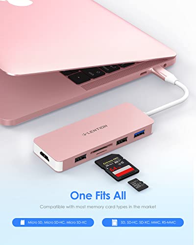 LENTION USB C Hub with 4K HDMI, SD/Micro SD Card Reader, USB 3.0, USB 2.0 and Charging Compatible 2023-2016 MacBook Pro, New Mac Air/Surface, More, Stable Driver Certified Adapter (CB-C17, Rose Gold)