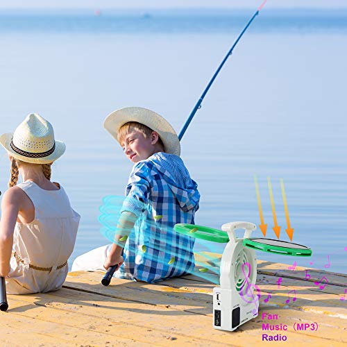 RERBO Multi-Function Solar Fan with Radio/MP3/Table Lamp/Torch/Cell Phone Charging Portable Emergency Outdoor Electric Fan for Camping Fishing and Hurricane (Green)