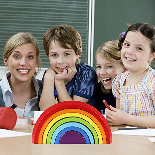 Coogam Wooden Rainbow Stacker Nesting Puzzle Blocks - Tunnel Stacking Game Building Creative Color Shape Matching Jigsaw Learning Toy Set Board Early Development Gift for Kids Boy Girl