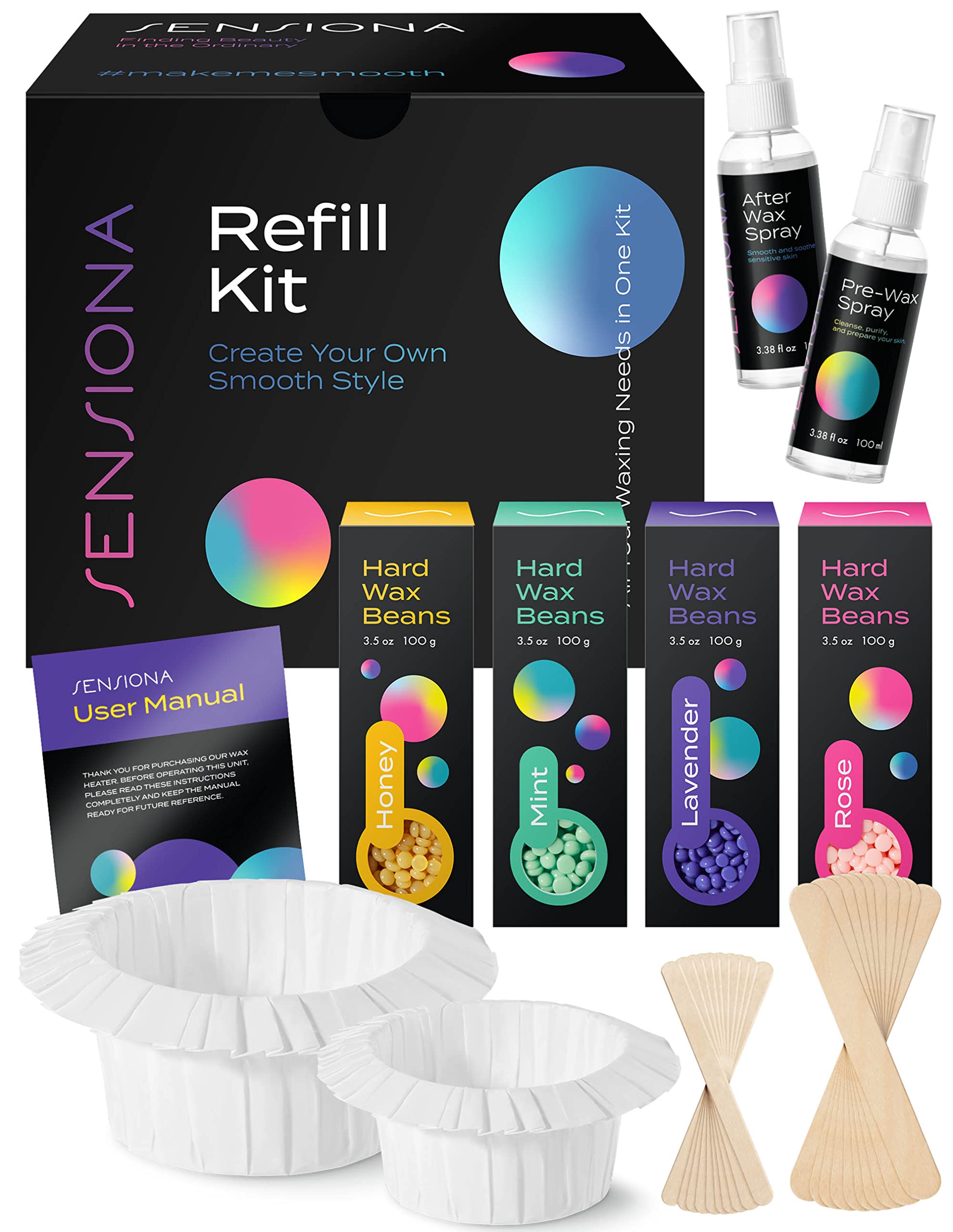 Sensiona Depilatory Hard Wax Beans, Refills Kit Waxing Beads, 4 X Wax Beads (Total 14oz) Scented Wax Pellets Hair Removal for Brazilian, Bikini, Face, Underarm, Before/After Waxing Skin Care Sprays