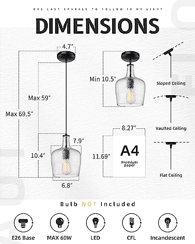 AUTELO Glass Pendant Light 8" Modern Pendant Lighting Hanging Lamps for Kitchen Island with Hammered Glass Shade Hanging Light Fixture H9163