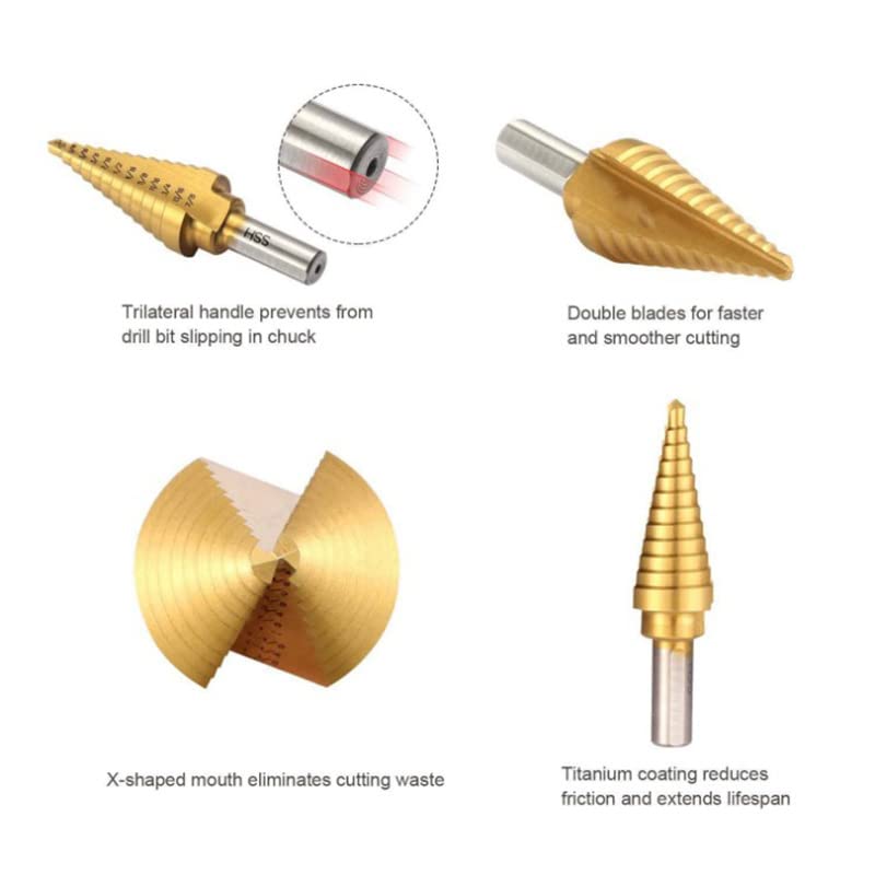 6pcs High Speed Steel Titanium Plated Step Drill Set Plus Center Positioner with Aluminum Storage Index Box Can be Used for Sheet Metal Wood (6pcs Titanium Step Drill bits)…