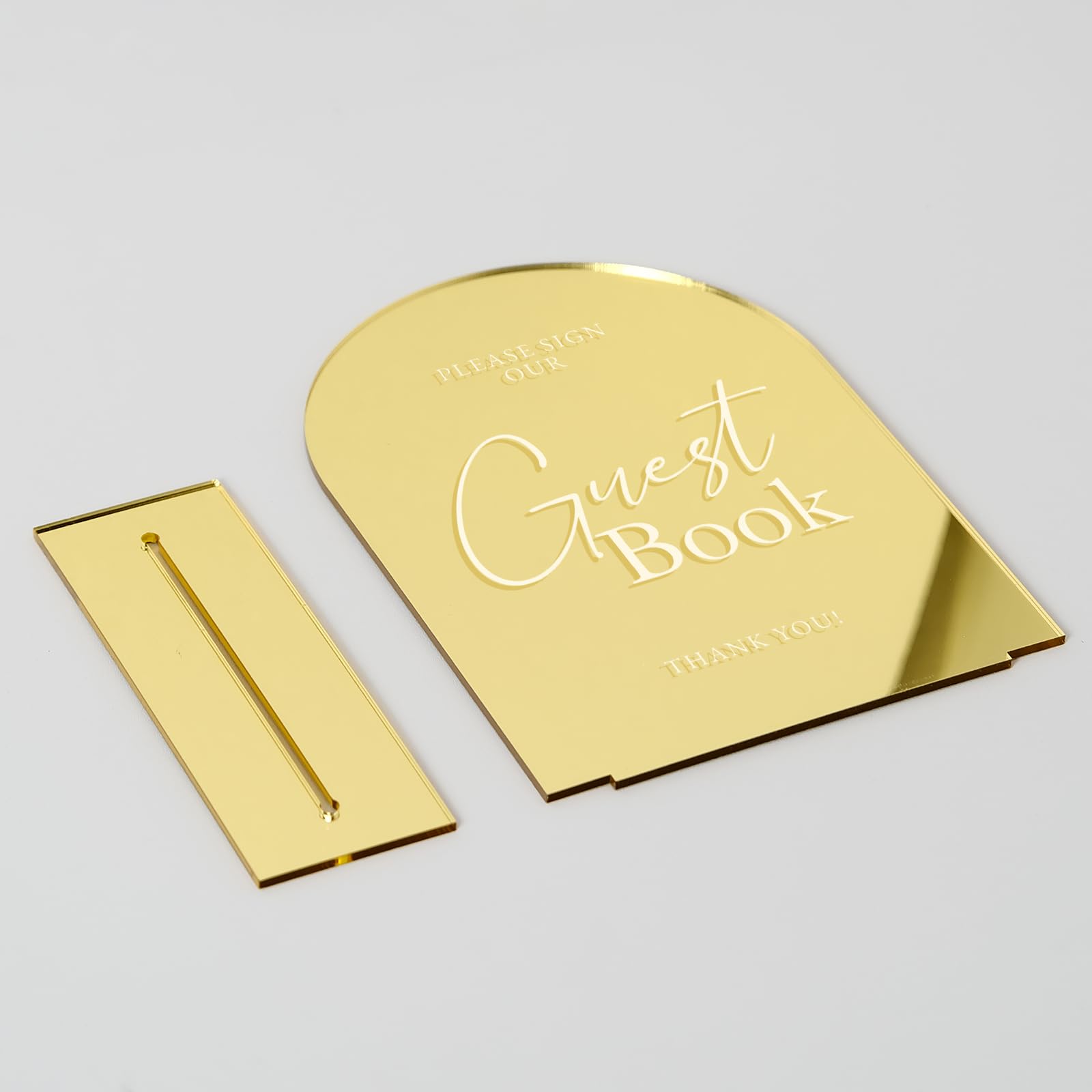 Acrylic Wedding Sign with Stand- 5"x7" Gold Mirror Arch Acrylic Guest Book Sign and Base,1/8" Thick | Modern Calligraphy White Lettering Acrylic Arch Sign for Wedding Reception & Party