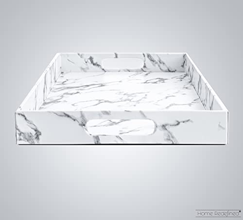 Home Redefined 18βx12β White Marble Faux Leather Decorative Serving Tray with Handles