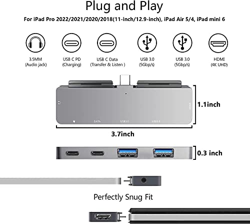 USB C HUB for iPad Pro, Adapter for iPad Air, iPad Pro Hub Docking Station with 4K HDMI,3.5mm Headphone Jack,2 USB3.0 Ports,USB C PD Charging&Data, for iPad Mini M4 M2 11 12.9 13 inch Accessories