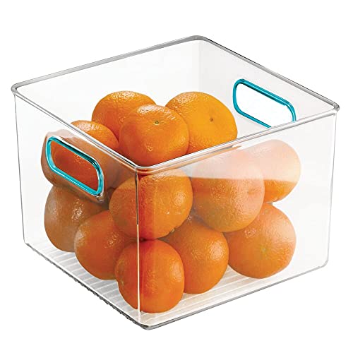 mDesign Plastic Food Storage Container Bin with Handles for Kitchen, Pantry, Cabinet, Fridge/Freezer - Cube Organizer for Snacks, Produce, Vegetables, Pasta - BPA Free, Food Safe - 4 Pack, Clear/Blue