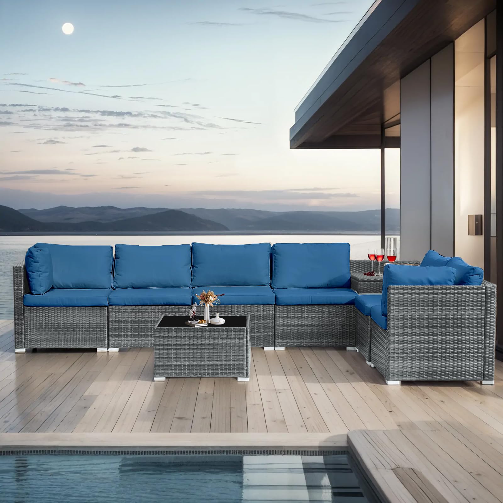 8-Piece Outdoor Wicker Patio Furniture Set with Soft Cushions,Storage Space and Coffee Table for Poolside,Garden,Backyard. (Gray Rattan Blue Cushion)