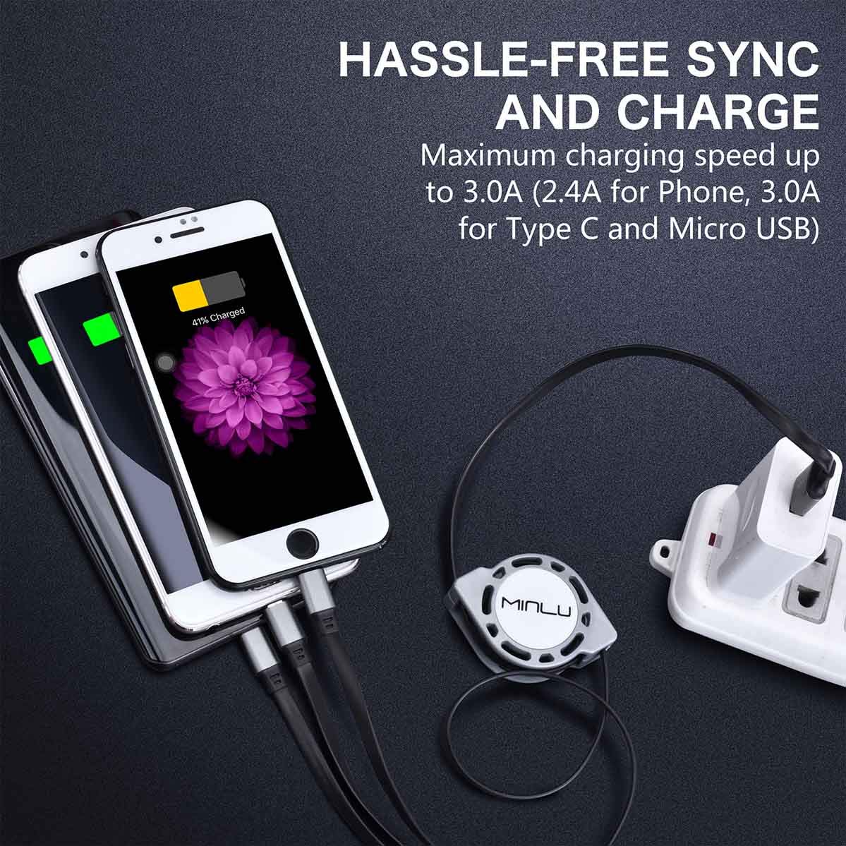 Retractable Charging Cable 3A, 3Pack 4Ft Multi Charging Cable Multi Fast Charger Cable 3 in 1 Multi USB Cable with IP/Type C/Micro USB Port for Cell Phones/Tablets/Samsung Galaxy/LG/Huawei/PS & More