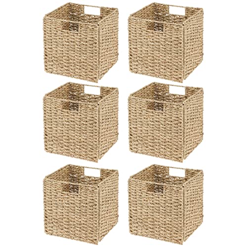 mDesign Seagrass Woven Cube Bin Basket Organizer with Handles - Storage for Bedroom, Home Office, Living Room, Bathroom, Shelf/Cubby Organization, Hold Blankets, Magazines, Books - 6 Pack, Natural/Tan