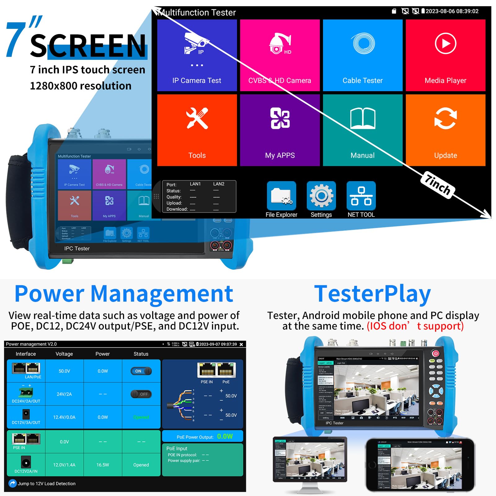 Rsrteng IPC-9800MOVTADHS Pro Full Features CCTV Camera Tester 8K 32MP IP Camera Tester 7-inch IPS Touch Screen Monitor CCTV Tester with 4K HD-TVI CVI AHD SDI Support DMM OPM VFL TDR Features POE HDMI