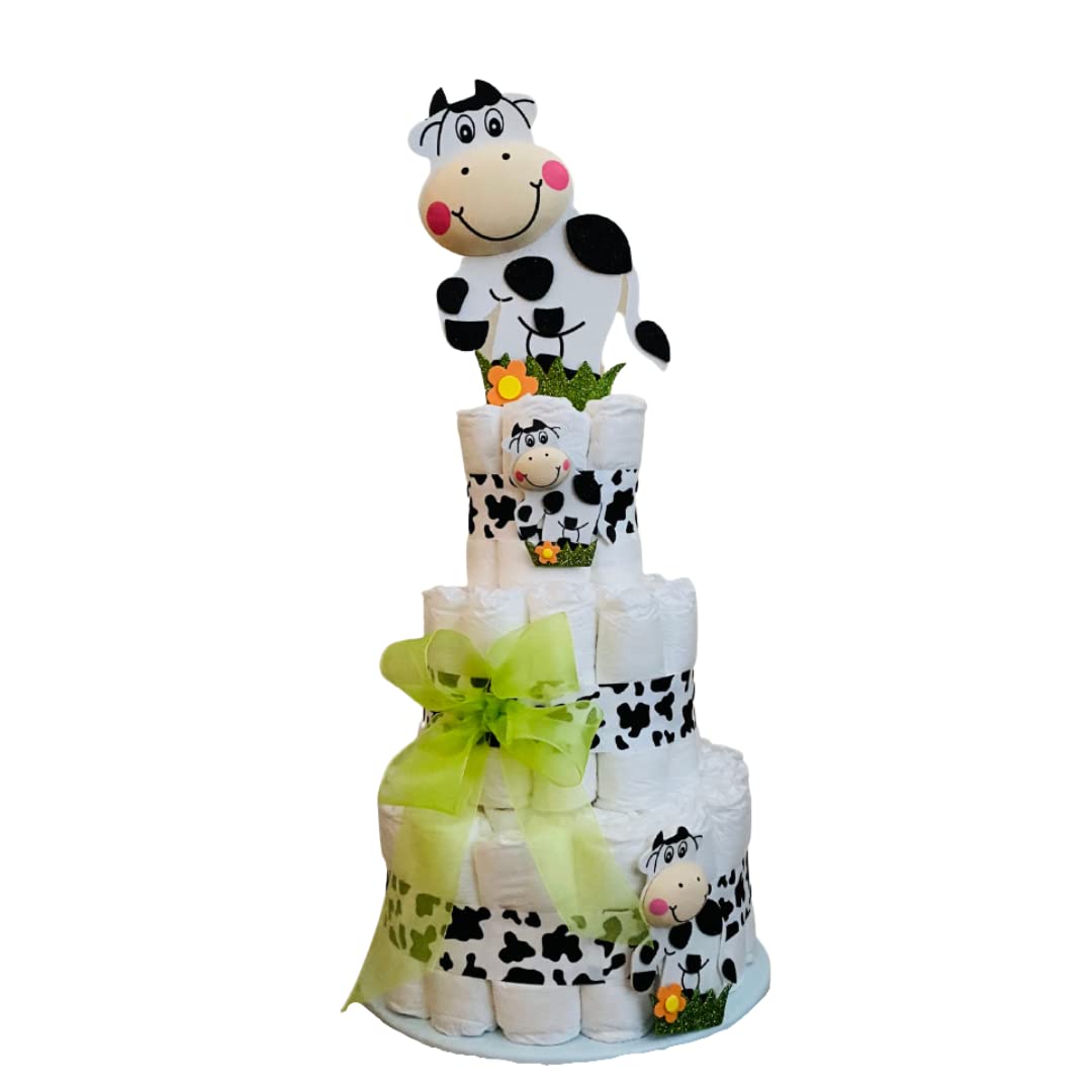 Cow Diaper Cake, 3 Tier Assembled Diaper Cake, βFarm Themed, Gender Neutral Newborn Gift