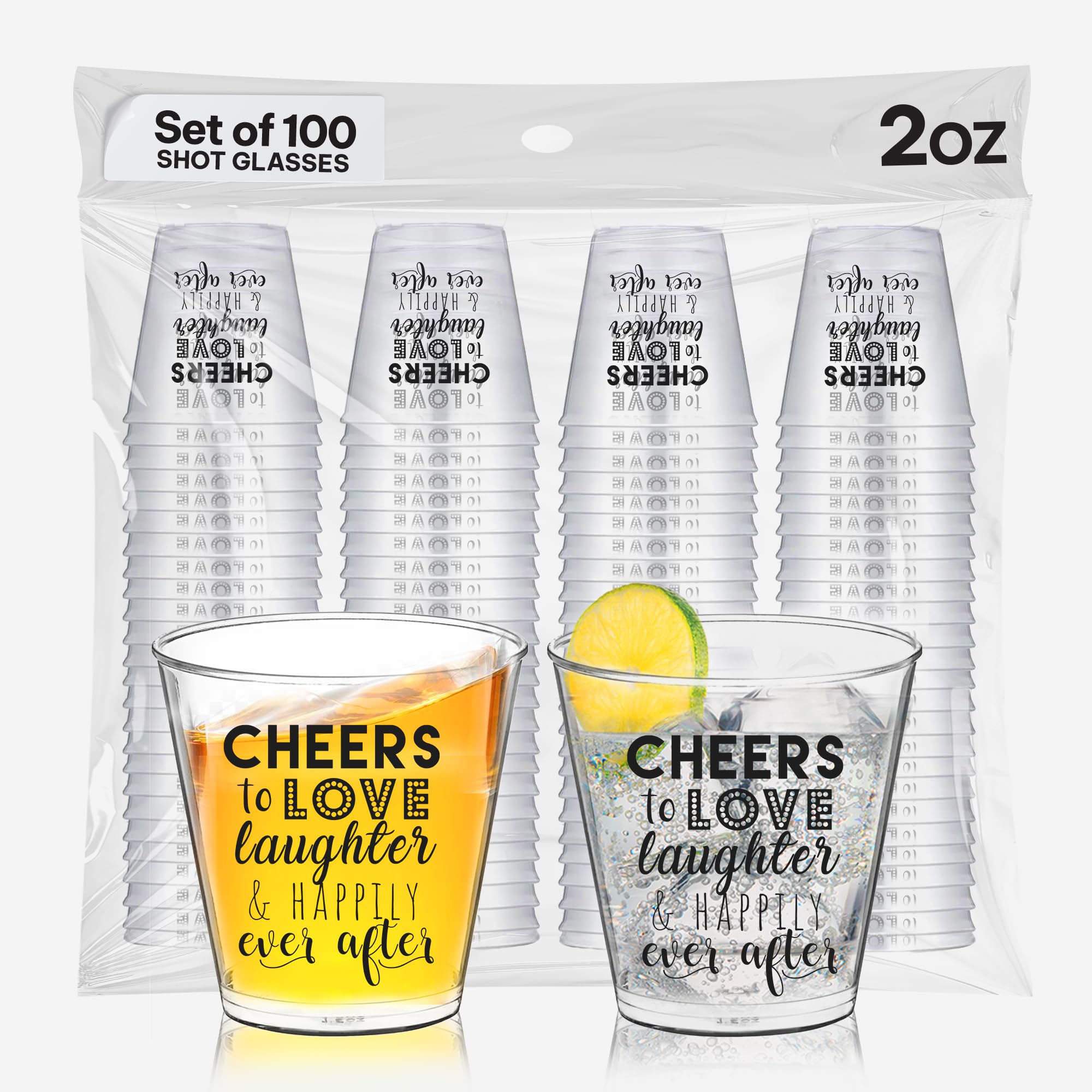 Cheers To Love Laughter and Happily Ever After Shot Glass - 100 PCS Disposable Shot Glasses 2oz - Wedding Shot Glasses, Perfect Wedding Favors For Guests, Bridal Party Shot Glasses
