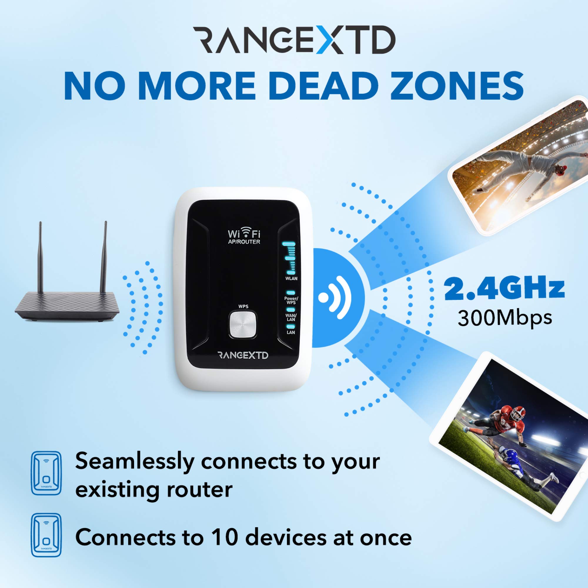 RANGEXTD WiFi Extender with Ethernet Port - WiFi Signal Amplifier Increases Home WiFi Coverage | Single-Band 2.4GHz WiFi Range Booster Fixes Dead Spots | Up to 300Mbps Speed, 10 Devices