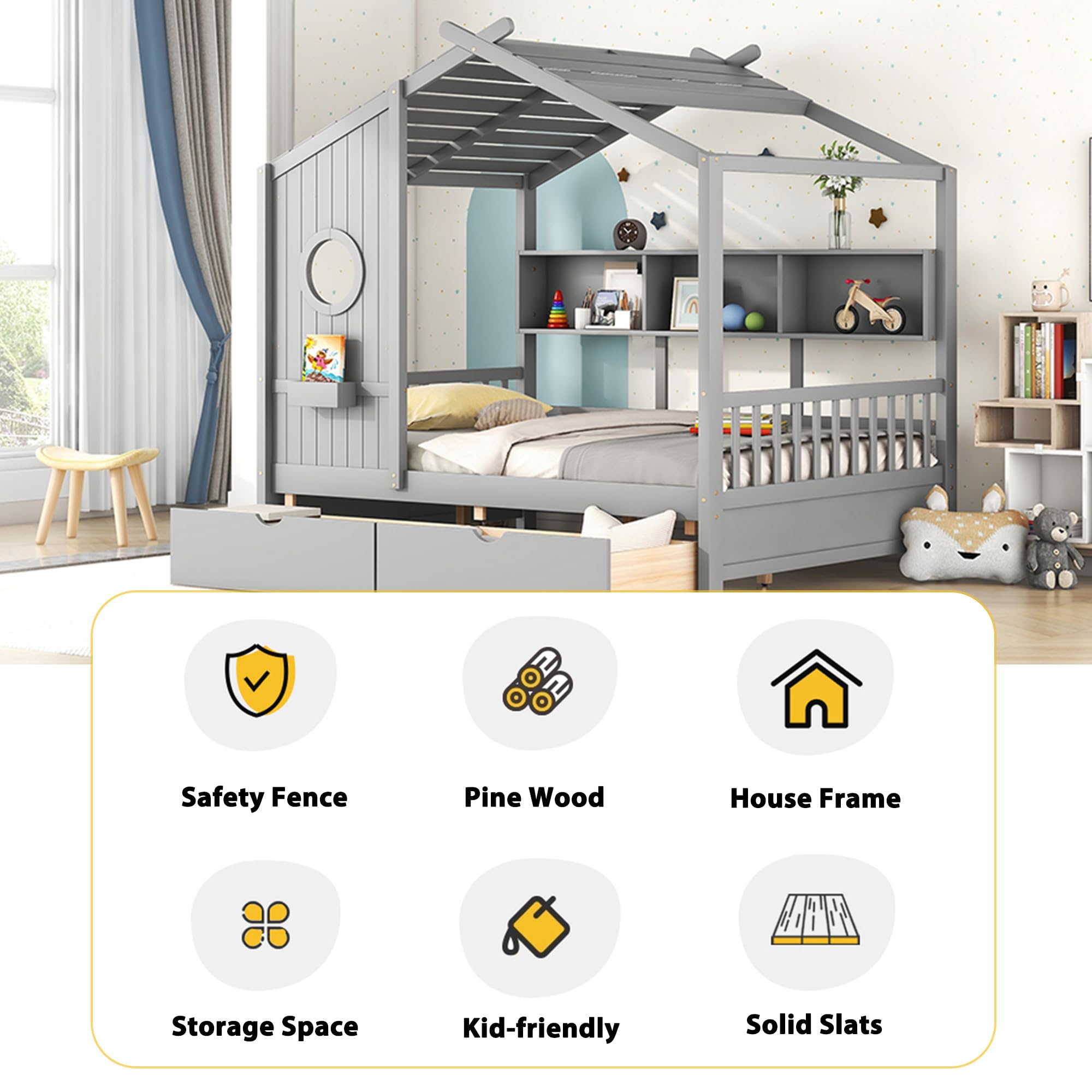 Bellemave Full Size House Bed with 2 Storage Drawers,Kids Bed with Storage Shelves,Wooden House Bed Frame for Girls,Boys,Can be Decorated,Gray