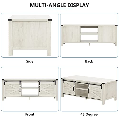 HOMFAMILIA Farmhouse Coffee Table with Sliding Barn Doors & Storage, White Rustic Wooden Center Rectangular Tables w/Adjustable Cabinet Shelves, for Bedroom, Home Office, Living Room