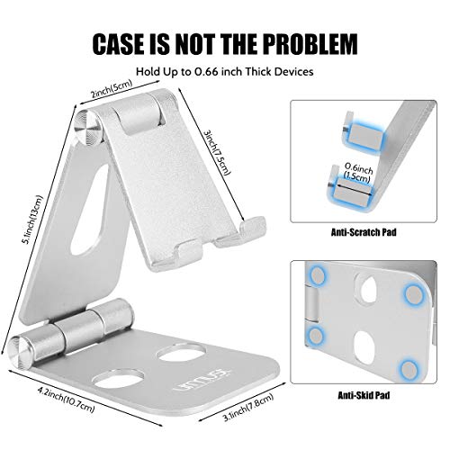 Urmust Cell Phone Stand for Desk Adjustable Foldable Phone Holder for Office Portable Desktop Dock Compatible with iPhone 14 13 12 11 Max Pro Xs Xr X 8 7 6, iPad Mini, Tablets 7-10" (Silver)