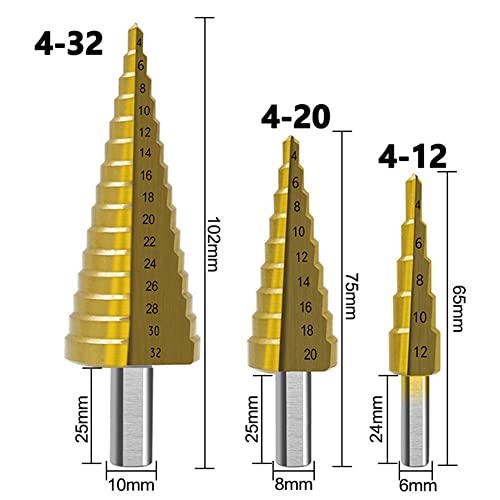 6PCS Step Drill Bits Set, HSS High Speed Steel for Stainless Steel, Metal, Wood, Plastic Drilling 4-32MM / 4-20 MM / 4-12MM / 6MM / 8MM / 3MM with Case for Woodworking, DIY Loversā¦