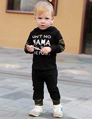 WALSONER Baby Boy Clothes Funny Letter Printed Long Sleeve Hoodie Tops Sweatsuit and Black Camouflage Pants Outfit Set (18-24 Months)