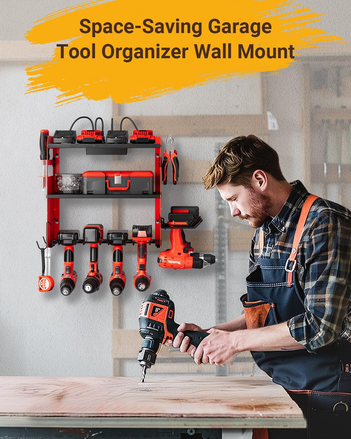 Dunatou Adjustable Power Tool Organizer Wall Mount with Charging Station, 6 Drill Holder & 4 Outlet, Wood Garage Tool Organizer Wall Mount Power Tool Rack with Hooks, Gift for Men