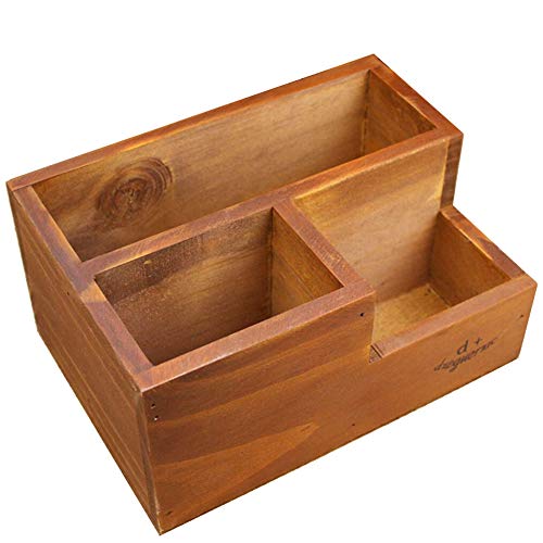 Coideal Wood Remote Control Holder - Wooden Desktop Storage Organizer Caddy for Desk, Office Supplies, Home, End Table (Vintage Wooden Color, 3 Compartments)