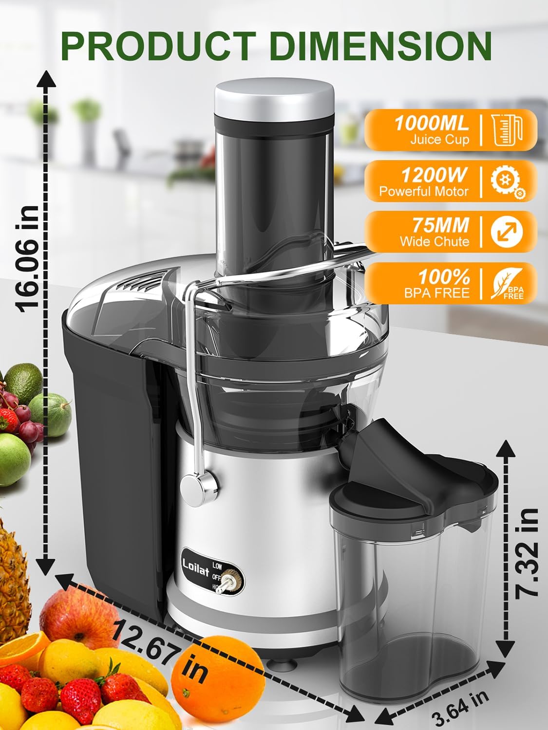 Juicer Machine, 1200W Juicer with 3" Feed Chute for Whole Fruits and Veg, Dual Speeds Centrifugal Juice Extractor, High Juice Yield, Full Copper Motor, Easy to Clean, BPA Free (Black)