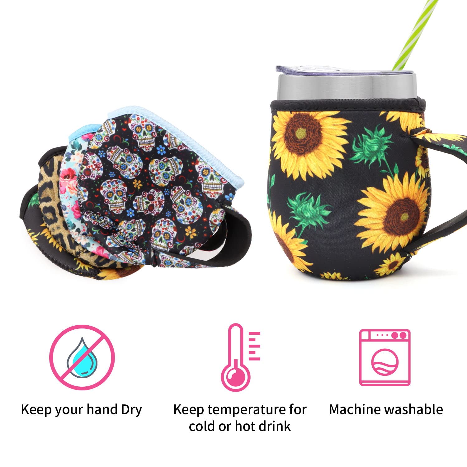 4Pack Reusable Neoprene Insulated Sleeves With Handle For 12oz Stemless Wine Glass, 16oz Regular Mouth Pint Mason Jars (Flower)