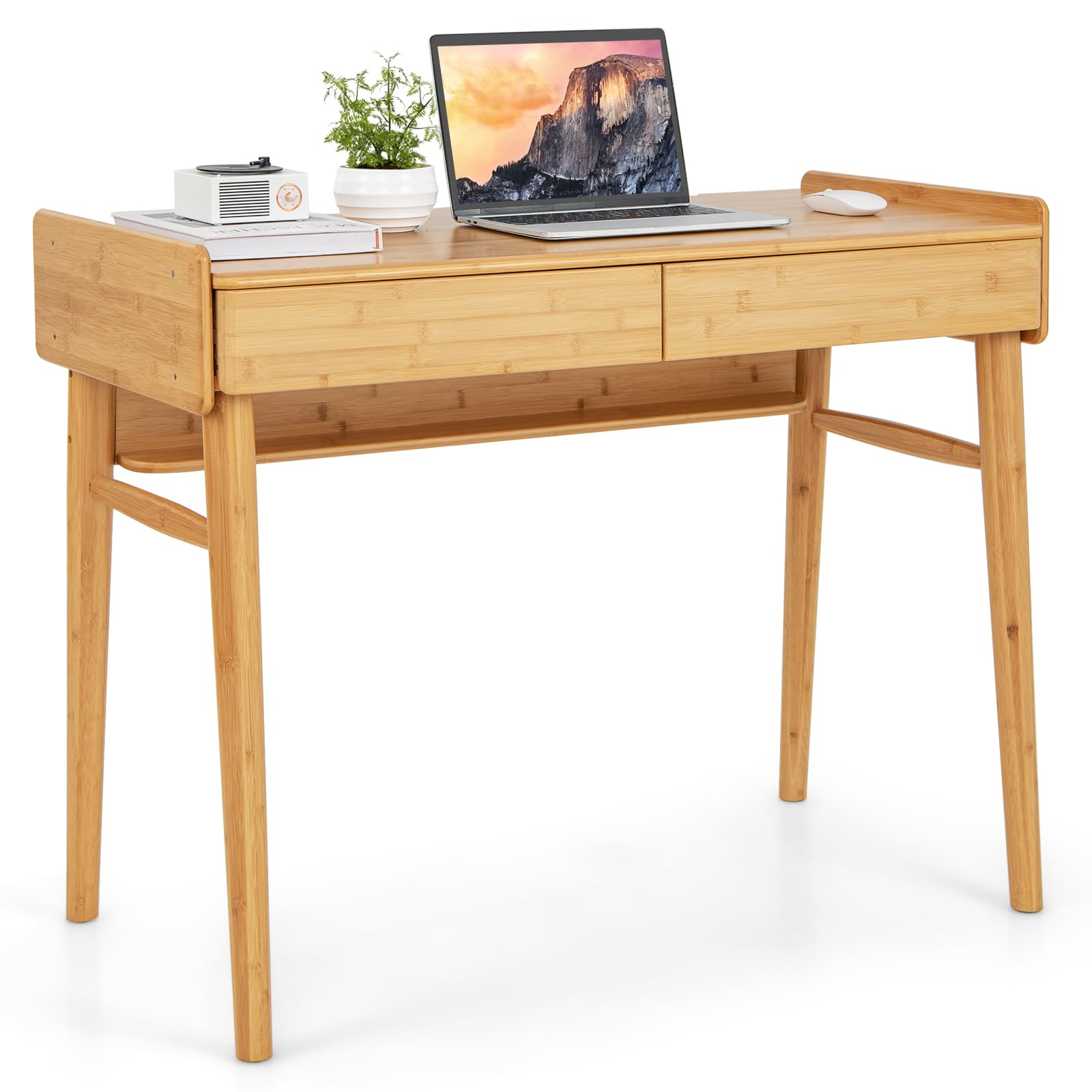 Tangkula Bamboo Mid Century Desk with 2 Storage Drawers, Home Office Study Writing Desk with Shelf & Cable Management Groove, Home Office Desk for Working & Learning