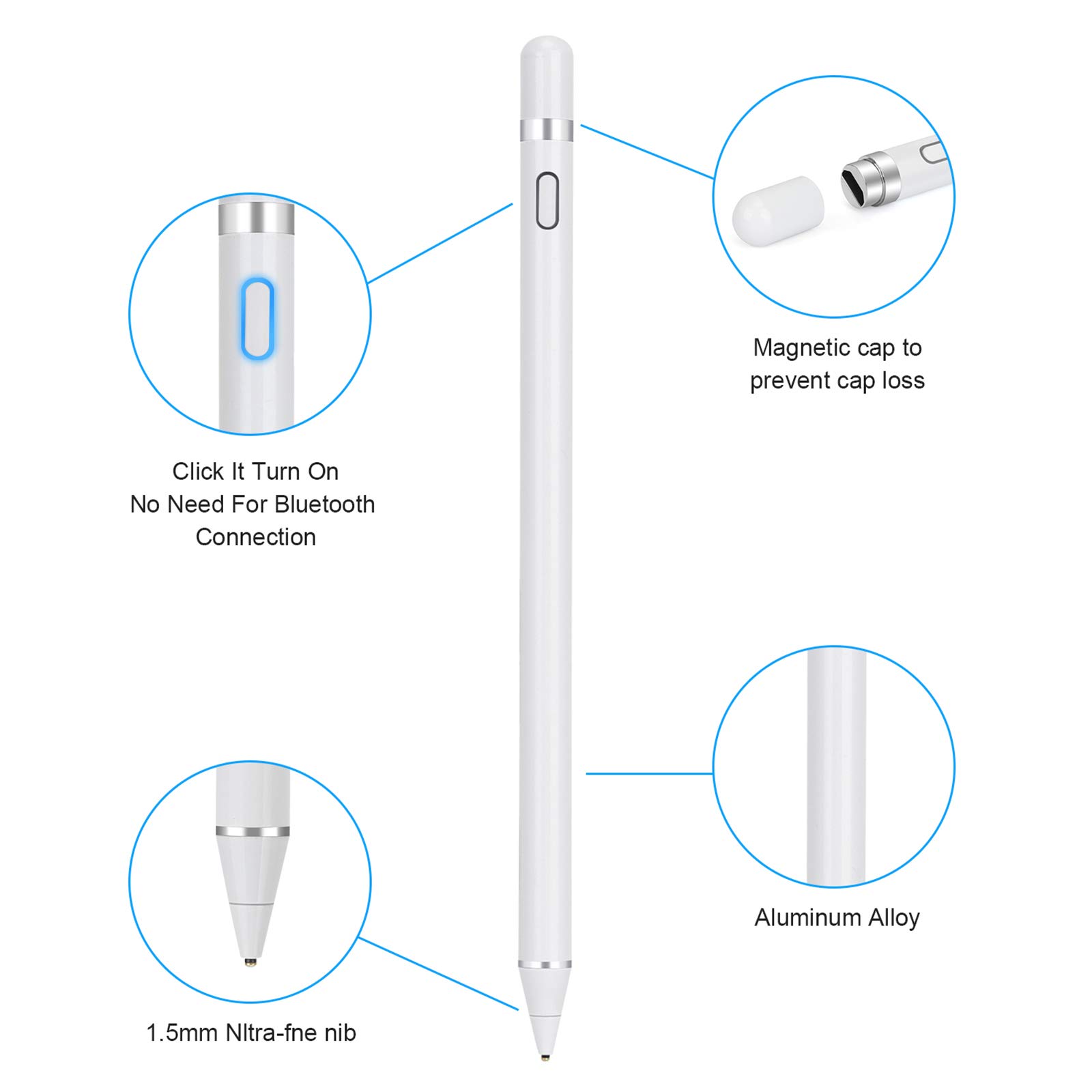 Stylus Pen for Touch Screens Rechargeable 1.5mm Fine Point Active Stylus Pen Smart Pencil Digital Compatible iPad and Most Tablet (White) (White)