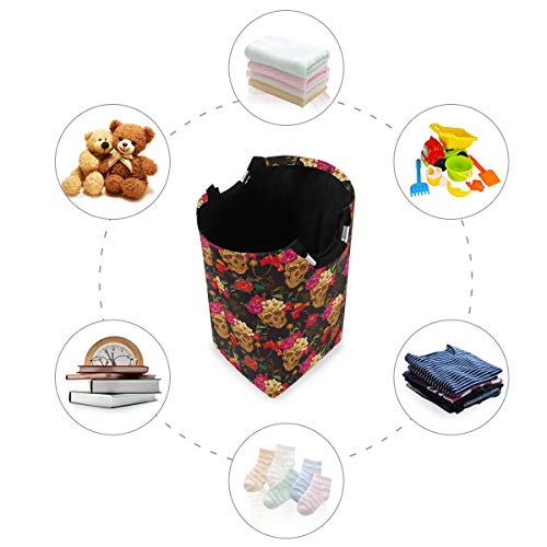 RunningBear Laundry Basket Washing Clothes Hamper - Sugar Skulls Roses Day Dead Collapsible Laundry Hamper Large Capacity Hampers for Bathroom, Bedroom