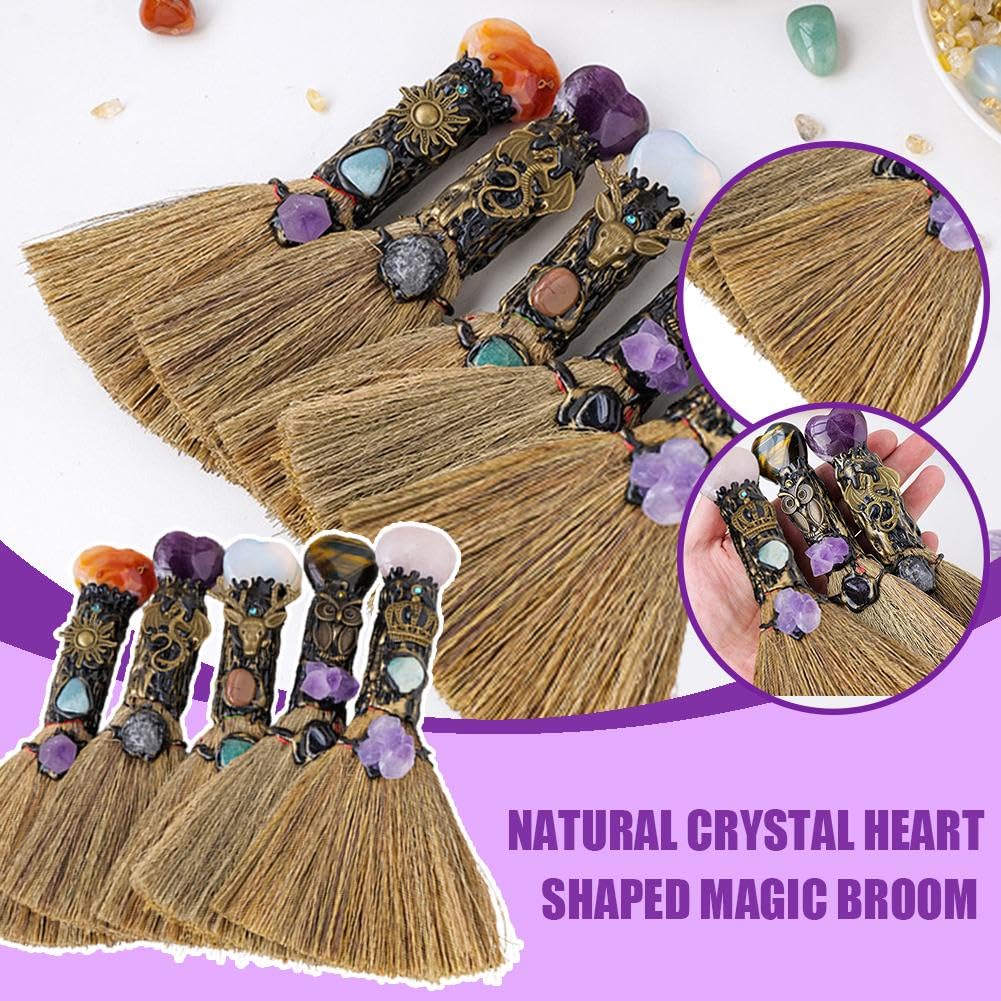 Natural Crystal Magic Broom,Mini Witch Broom,Crystal Witch Wiccan Altar Broom,Magic Ceremony Decor,Handmade Reiki Broomstick for Cleansing Healing Fengshui
