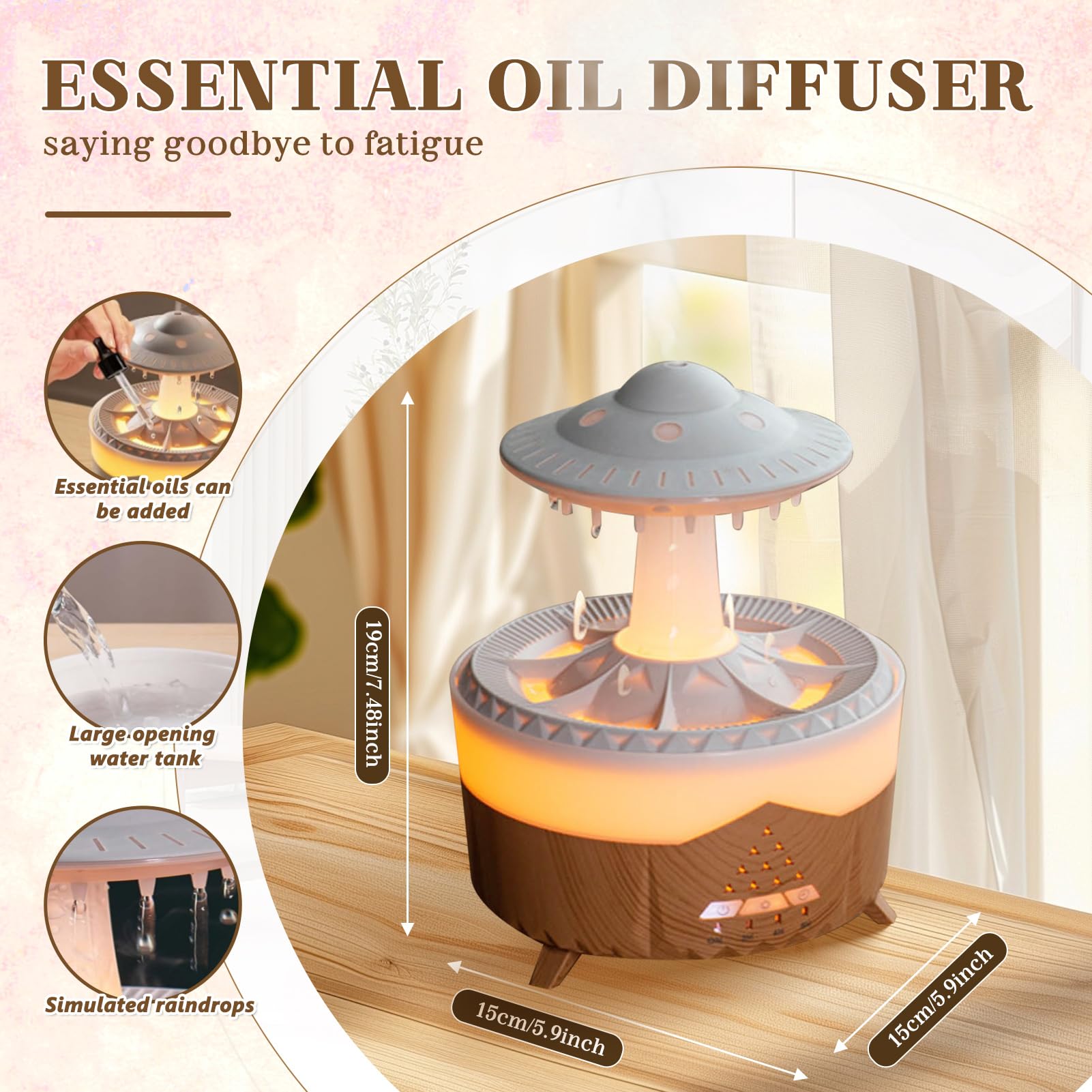 Rain Cloud Humidifier Water Drip, 7 Colors Night Rain Diffuser with Remote Control Timing, Mushroom Diffuser Lamp, Rain Sounds for Sleeping, Desk Fountain (Wood Grain)