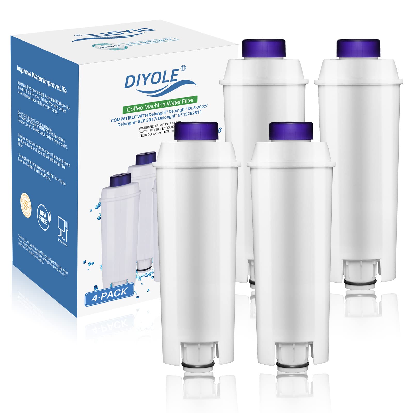4Packs DLSC002 Coffee Water Filter for Delonghi Water Filter Replacement, Compatible with ECAM, ESAM, ETAM, EC680, EC800