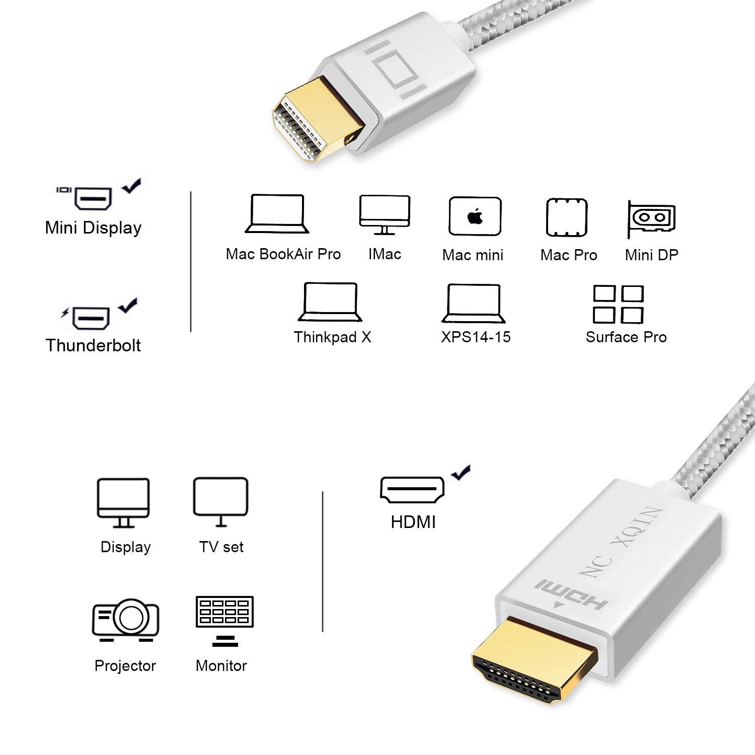 NC XQIN Thunderbolt to HDMI Cable 6 ft Mini DisplayPort to HDMI Cable for Apple MacBook Air/Pro,Surface Book,MacBook Pro, PCs and Projector,More