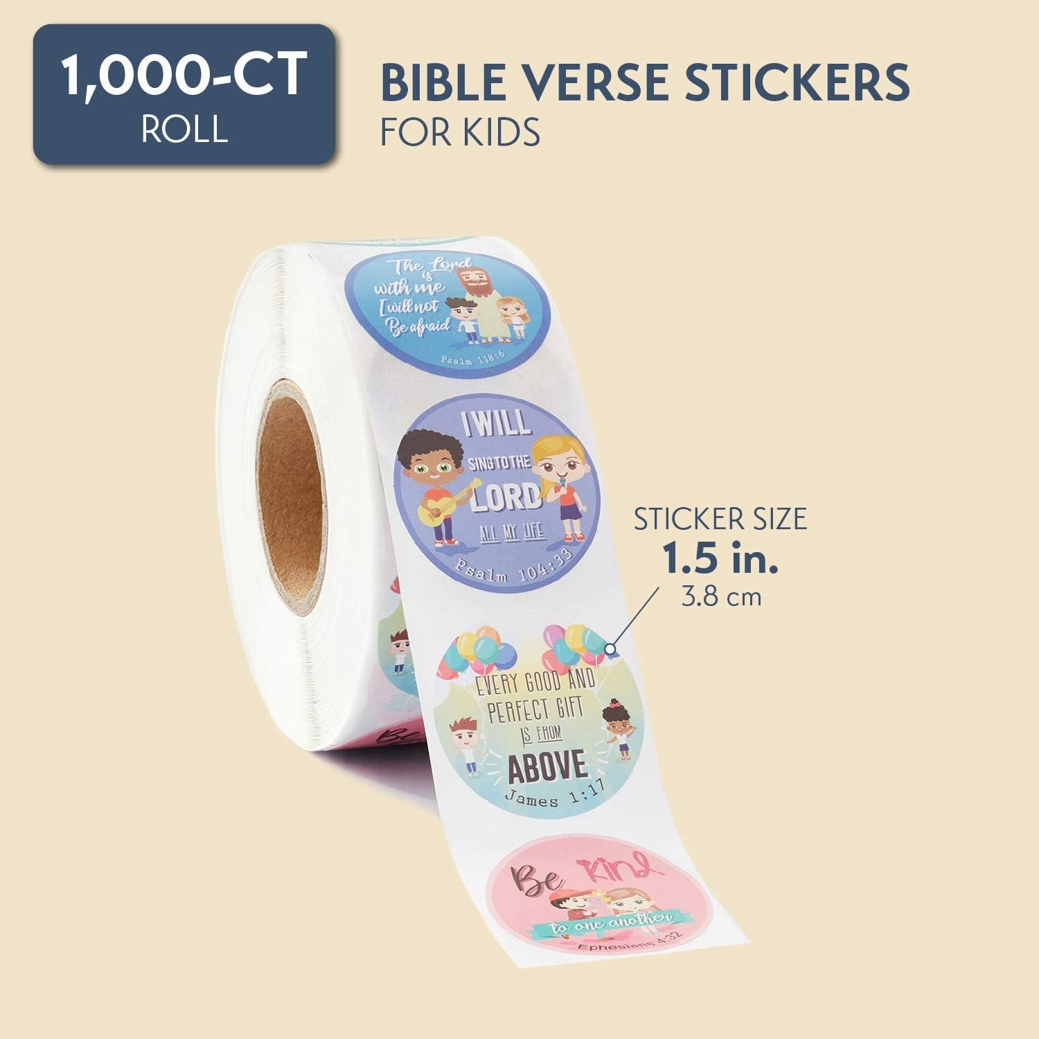 Juvale 1000 Pieces Christian Stickers, Bible Verse Stickers for Kids, Easter, School, Religious Sticker Roll, 10 Designs, James 1:17, Psalm 104:33, Ephesians 4:32 (1.5 in)