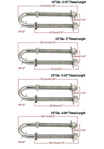 YaeMarine 2-Pack 1/2" Stainless Steel Marine Boat Stern Bow Eye Tie Down U Bolt, Thread Length 2-1/2" Total Length: 4" (Dia. 1/2" x 4" Total Length)
