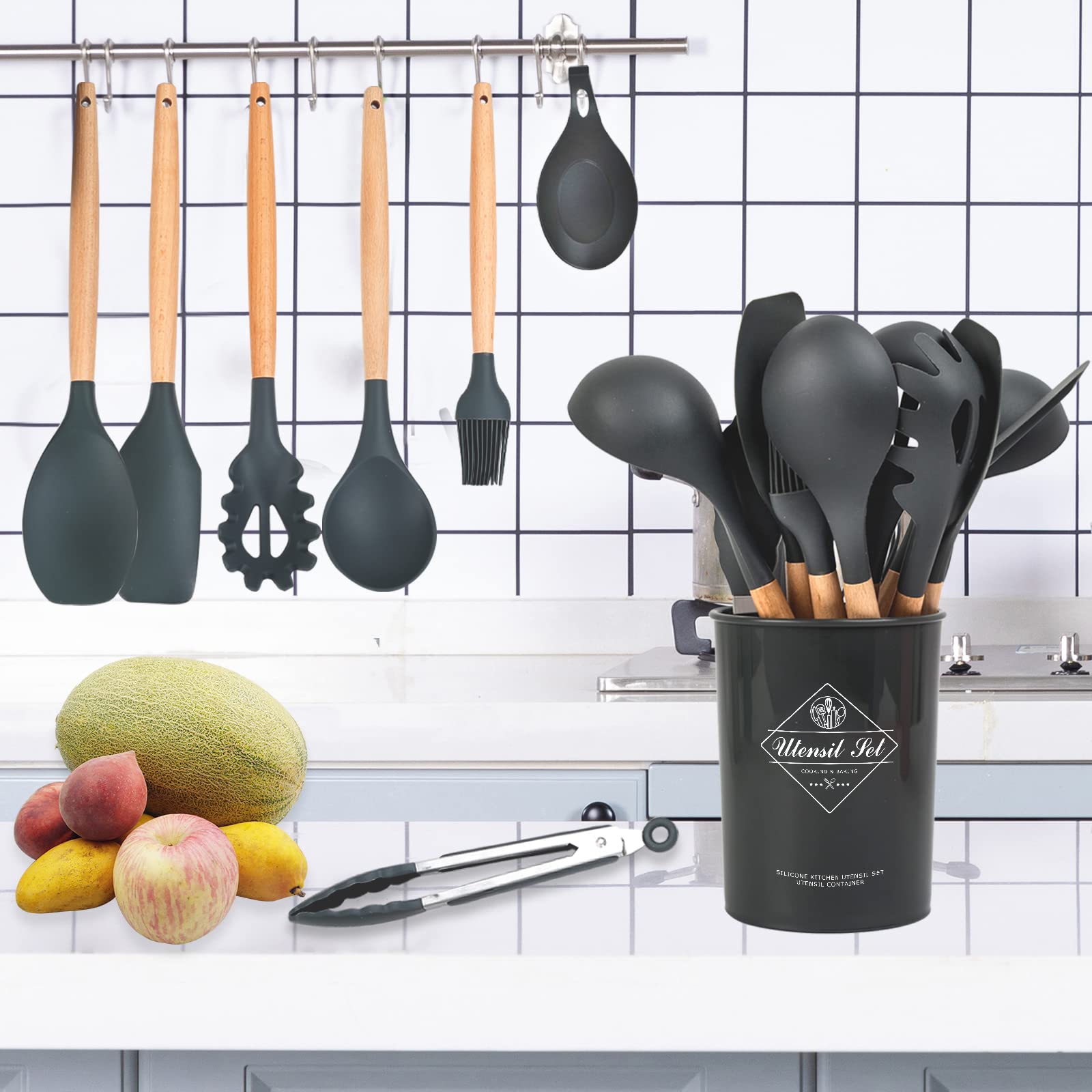 33 Pcs Cooking Utensils Set, Heat Resistance Silicone Kitchen Utensils Set with Holder, Non-stick Silicone Spatula Spoon Kitchen Gadgets Utensils Set with Natural Wooden Handle(Grey)