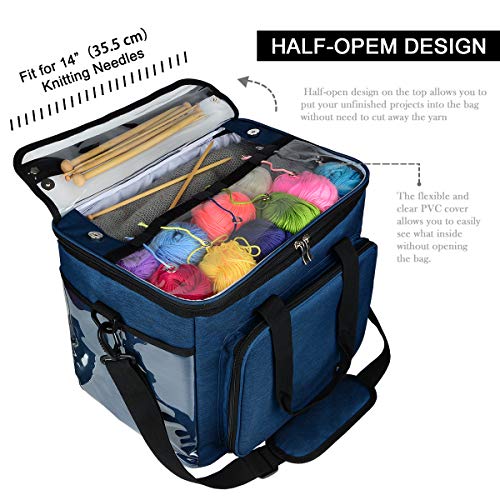 Hoshin Knitting Bag for Yarn Storage, High Capacity Yarn Totes Organizer with Inner Divider Portable for Carrying Project, Knitting Needles(up to 14β), Crochet Hooks, Skeins of Yarn (Navy)