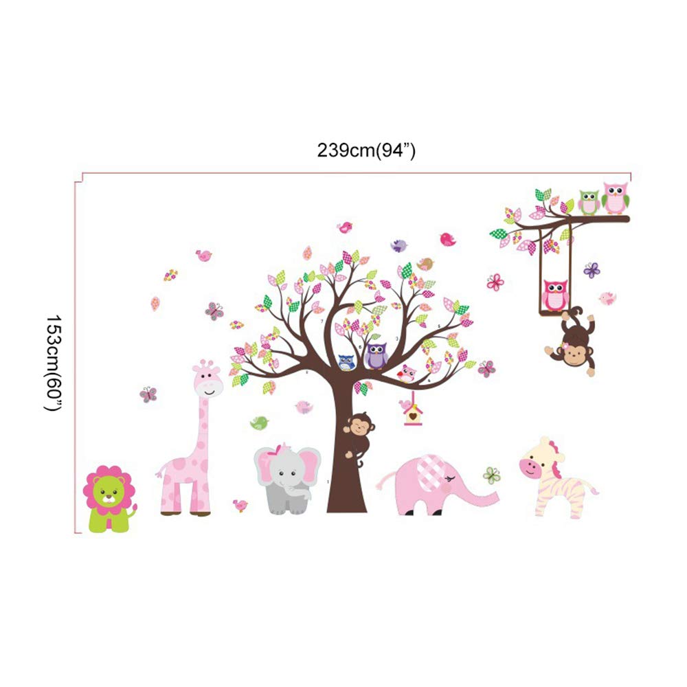 ufengke Animal Tree Wall Stickers Pink Elephant Giraffe Wall Decals Art Decor for Kids Bedroom Nursery DIY